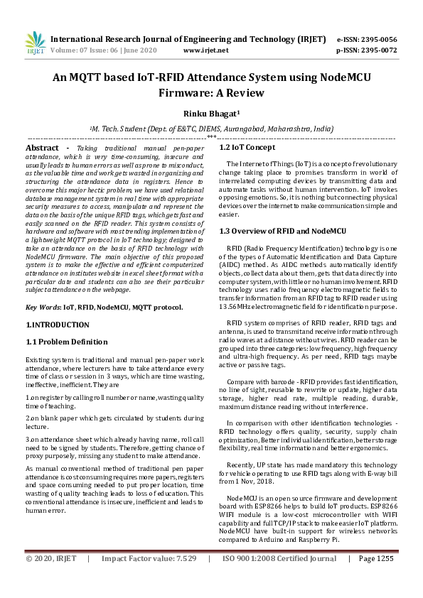 (PDF) IRJET- An MQTT based IoT-RFID Attendance System using NodeMCU ...