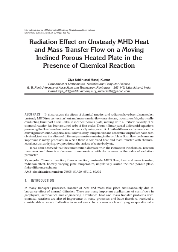 (PDF) Radiation effect on unsteady MHD heat and mass transfer flow on a ...
