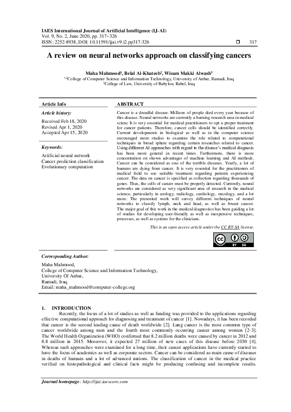 Pdf A Review On Neural Networks Approach On Classifying Cancers