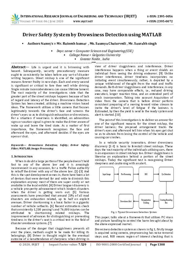 Pdf Irjet Driver Safety System By Drowsiness Detection Using Matlab
