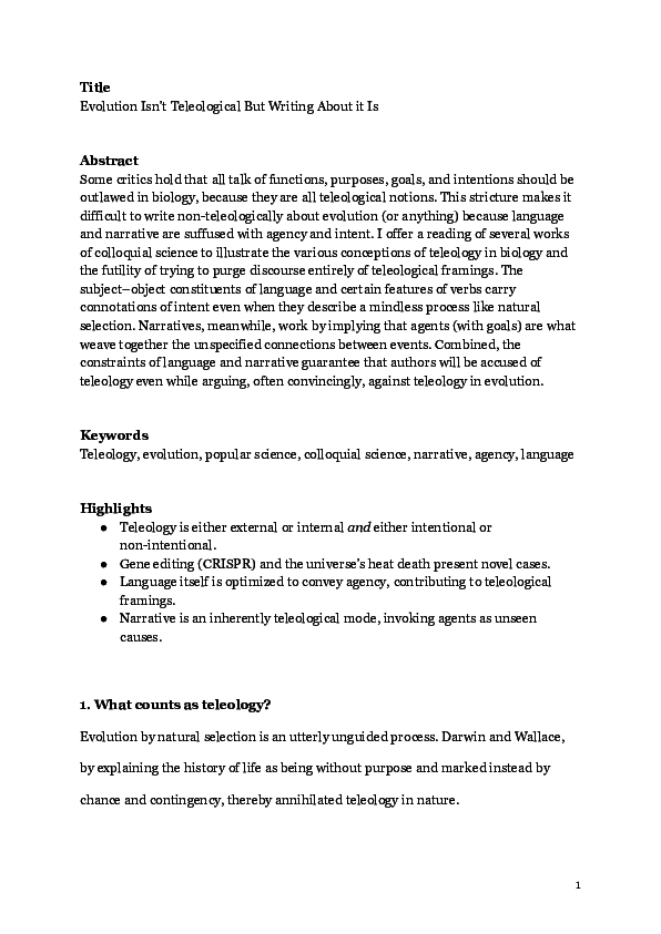 (PDF) Evolution Isn't Teleological But Writing About it Is