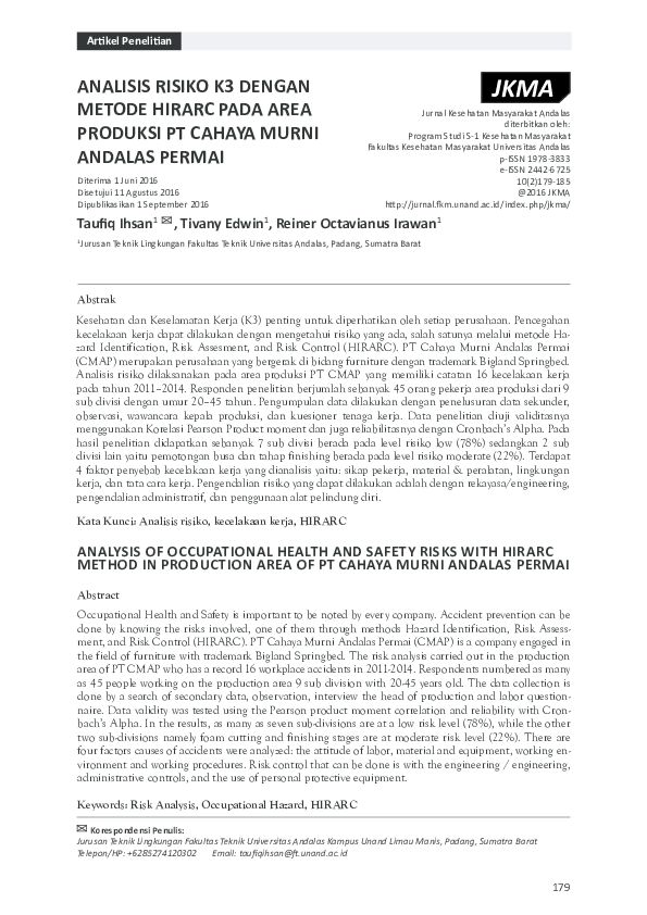 (PDF) JKMA ANALISIS RISIKO K3 DENGAN METODE HIRARC PADA AREA PRODUKSI ...