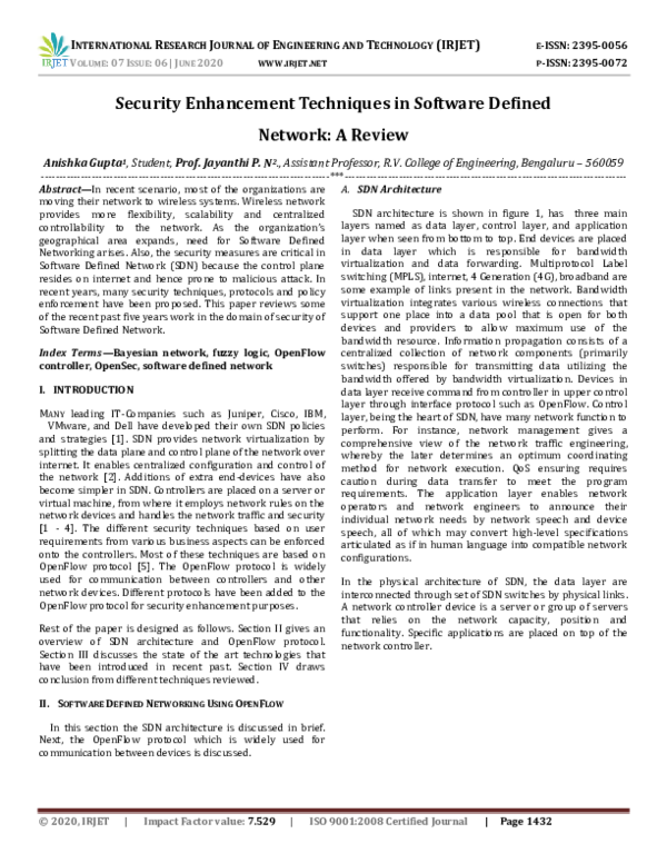 (PDF) IRJET- Security Enhancement Techniques in Software Defined Network: A Review