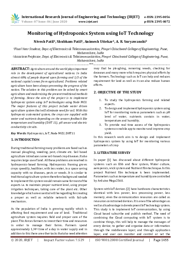 Pdf Irjet Monitoring Of Hydroponics System Using Iot Technology