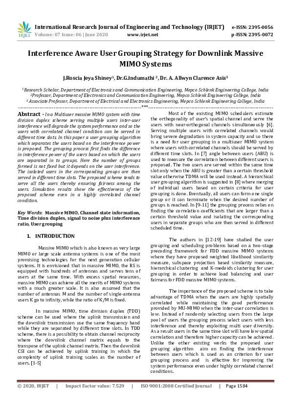 (PDF) IRJET- Interference Aware User Grouping Strategy for Downlink Massive MIMO Systems