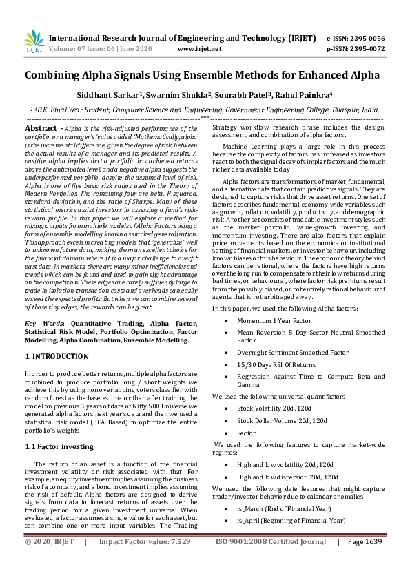 (PDF) Combining Alpha Signals Using Ensemble Methods for Enhanced Alpha