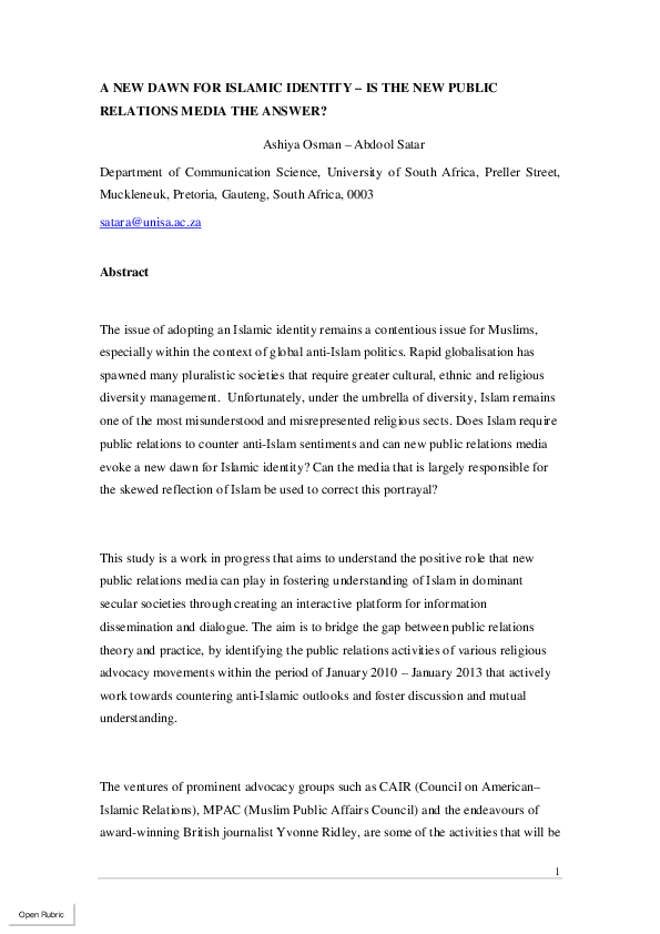 (PDF) A NEW DAWN FOR ISLAMIC IDENTITY -IS THE NEW PUBLIC RELATIONS ...