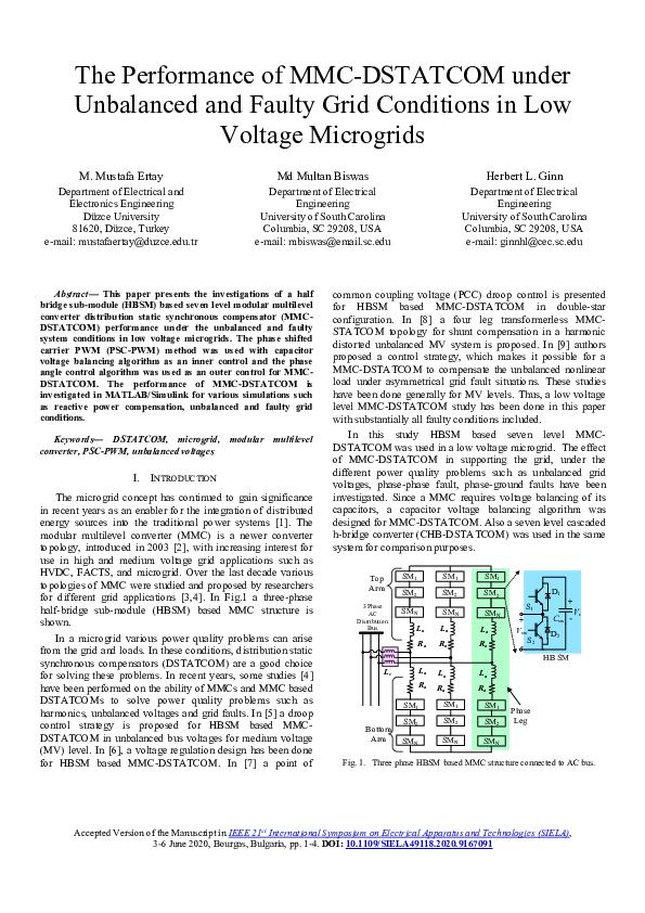 Pdf The Performance Of Mmc Dstatcom Under Unbalanced And Faulty Grid Conditions In Low Voltage