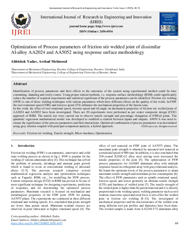 (PDF) Optimization of Process parameters of friction stir welded joint of dissimilar Al-alloy ...