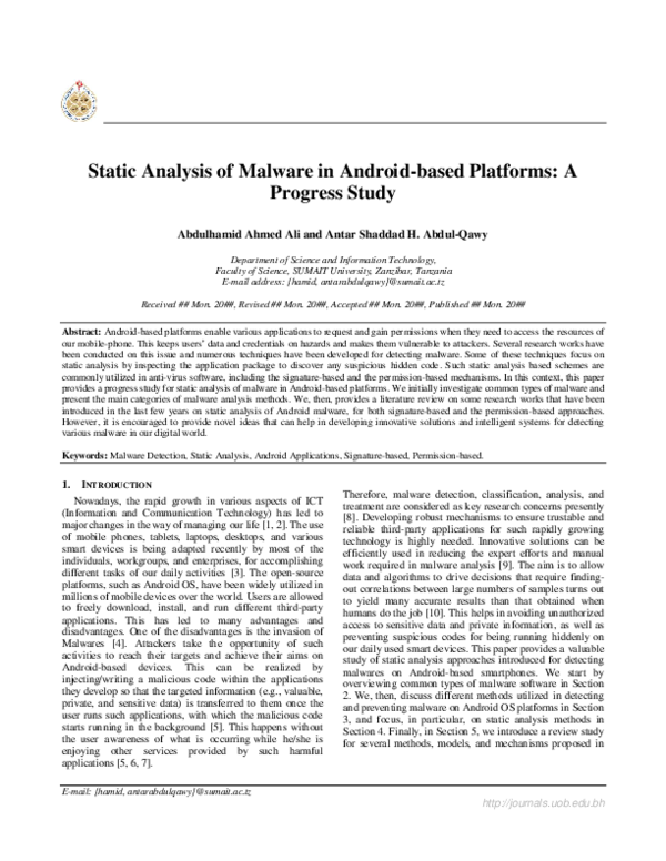 (PDF) Static Analysis of Malware in Android-based Platforms: A Progress Study