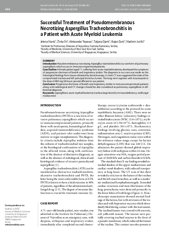 (PDF) Successful treatment of Pseudomembranous necrotizing Aspergillus ...
