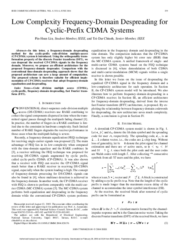 Pdf Low Complexity Frequency Domain Despreading For Cyclic Prefix Cdma Systems