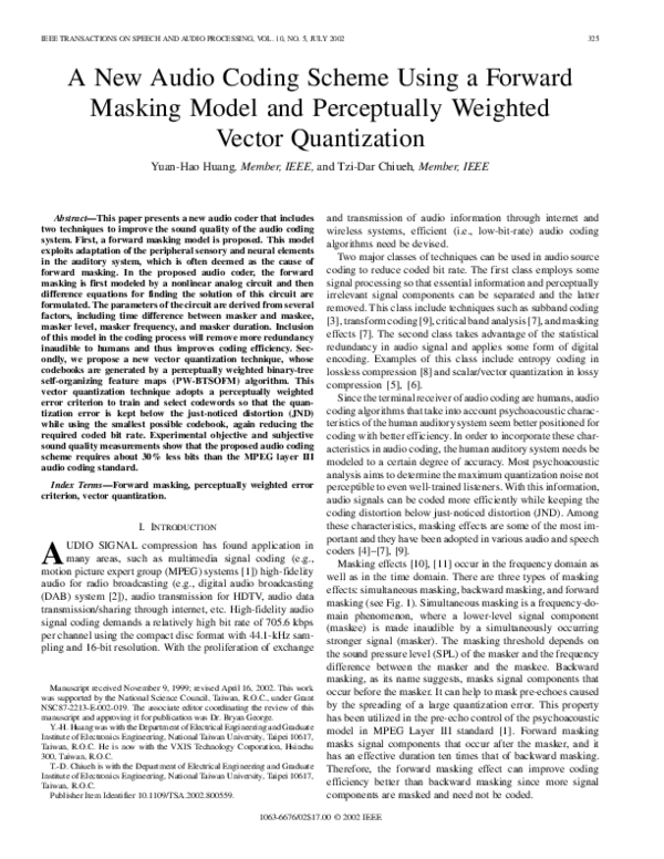 Pdf A New Audio Coding Scheme Using A Forward Masking Model And Perceptually Weighted Vector