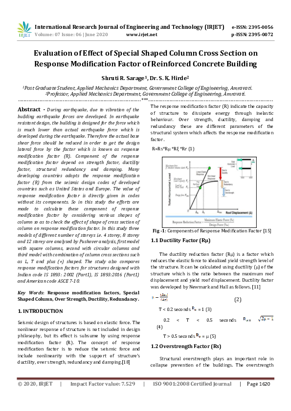 Pdf Evaluation Of Effect Of Special Shaped Column Cross Section On Response Modification
