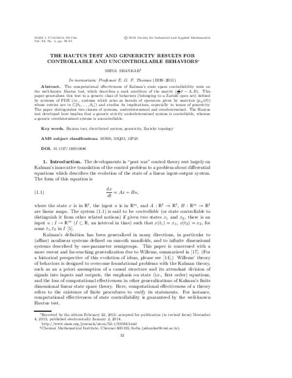 (PDF) The Hautus Test And Genericity Results For Controllable And ...