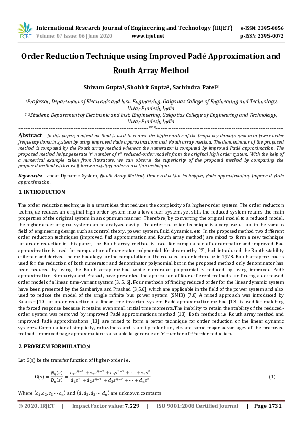 Pdf Irjet Order Reduction Technique Using Improved Padé Approximation And Routh Array Method
