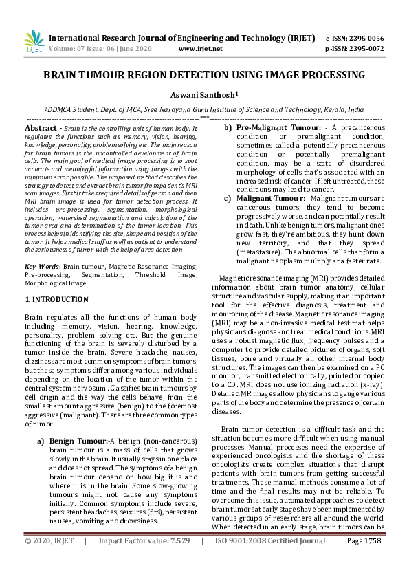Pdf Irjet Brain Tumour Region Detection Using Image Processing