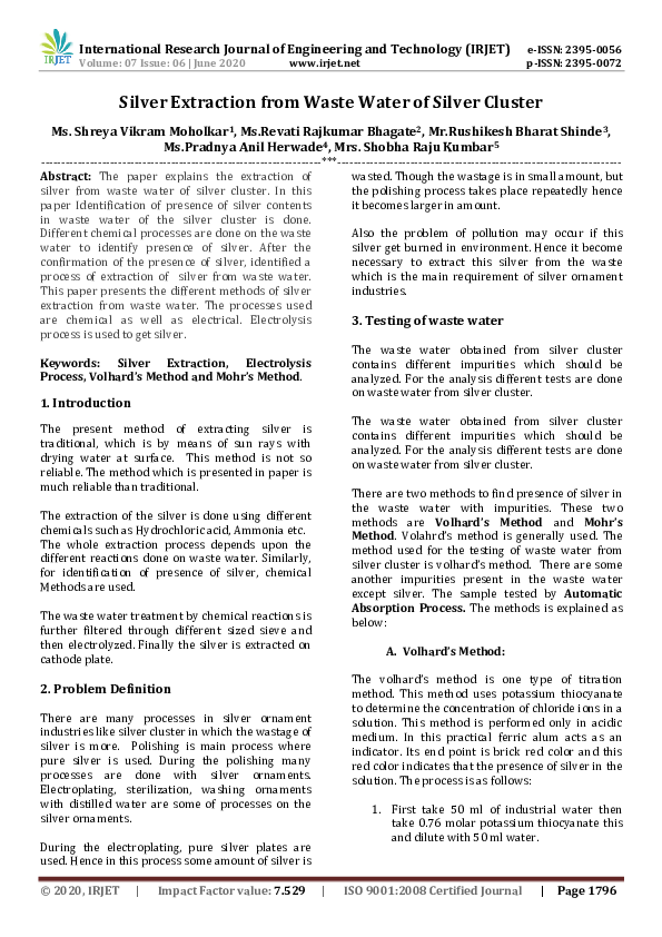(PDF) IRJET- Silver Extraction from Waste Water of Silver Cluster