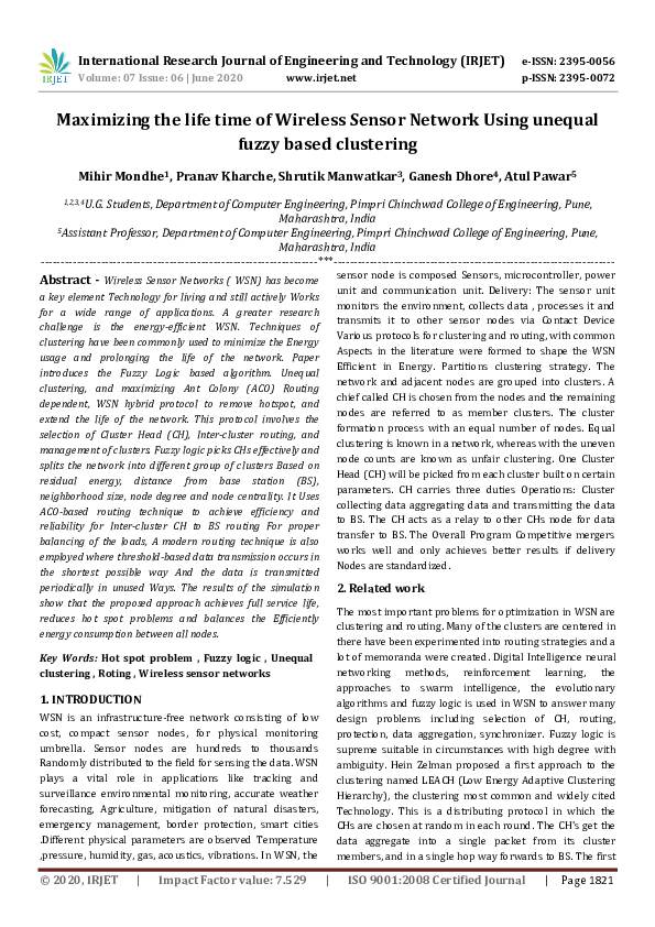 Pdf Irjet Maximizing The Life Time Of Wireless Sensor Network Using