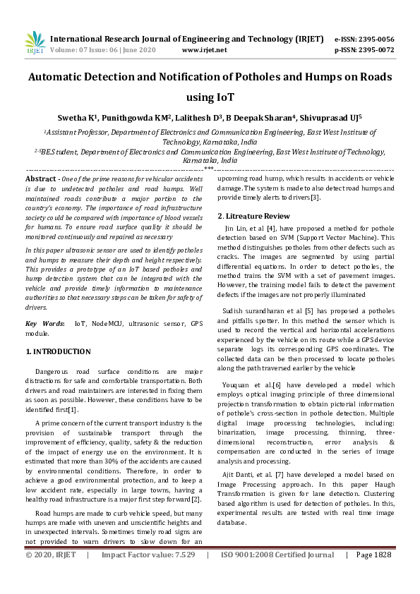 (PDF) IRJET- Automatic Detection and Notification of Potholes and Humps ...