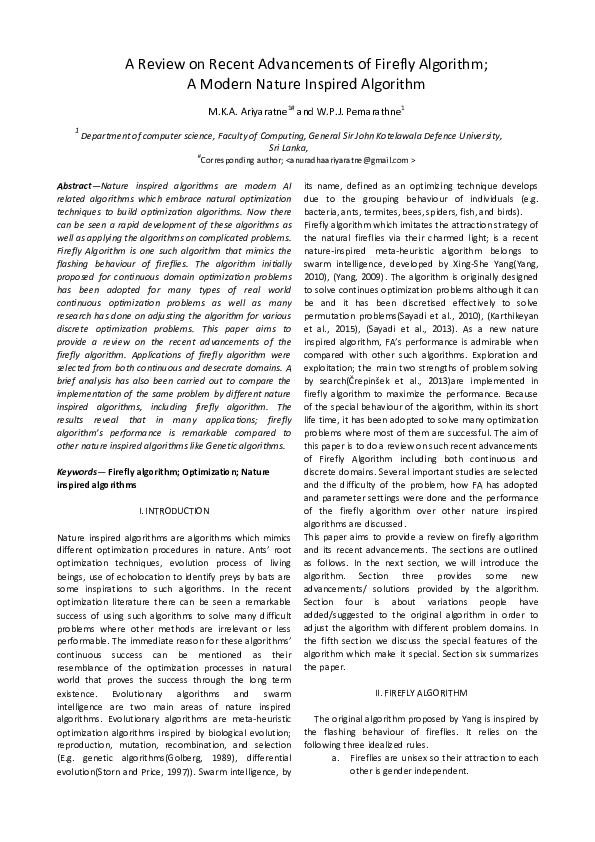 Pdf A Review On Recent Advancements Of Firefly Algorithm A Modern Nature Inspired Algorithm