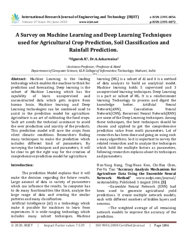 Pdf Irjet A Survey On Machine Learning And Deep Learning Techniques