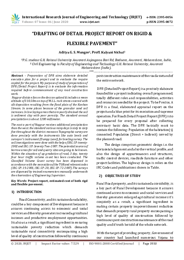 (PDF) IRJET- "DRAFTING OF DETAIL PROJECT REPORT ON RIGID & FLEXIBLE ...