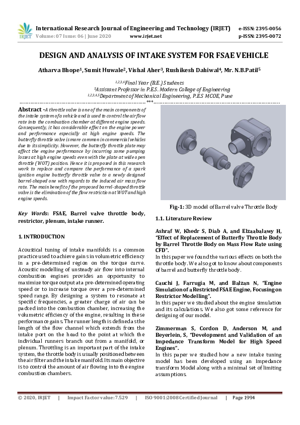 (PDF) IRJET- DESIGN AND ANALYSIS OF INTAKE SYSTEM FOR FSAE VEHICLE