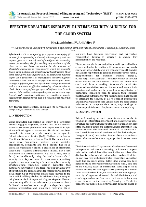 (PDF) IRJET- EFFECTIVE REALTIME USERLEVEL RUNTIME SECURITY AUDITING FOR THE CLOUD SYSTEM