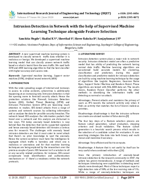 Pdf Irjet Intrusion Detection In Network With The Help Of Supervised Machine Learning