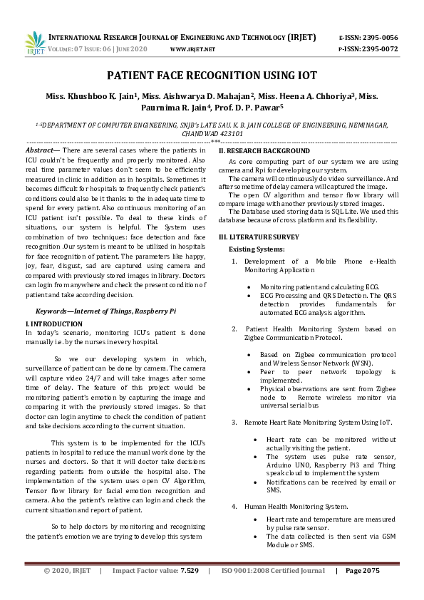 (PDF) IRJET- PATIENT FACE RECOGNITION USING IOT