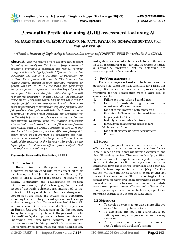 (PDF) Personality Predication using AI/HR assessment tool using AI