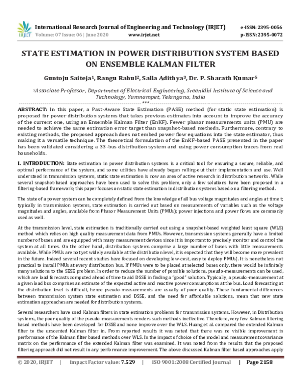 (PDF) IRJET- STATE ESTIMATION IN POWER DISTRIBUTION SYSTEM BASED ON ENSEMBLE KALMAN FILTER