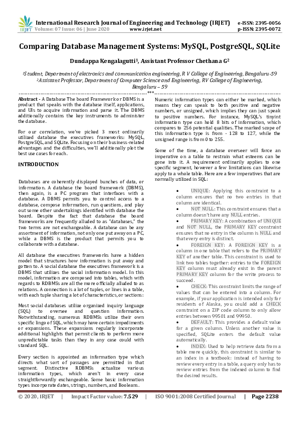 (PDF) IRJET- Comparing Database Management Systems: MySQL, PostgreSQL ... (PDF) IRJET- Comparing Database Management Systems: MySQL, PostgreSQL ...