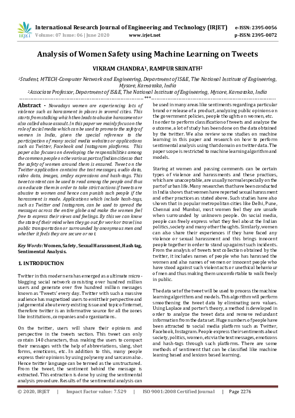 (PDF) IRJET- Analysis of Women Safety using Machine Learning on Tweets (PDF) IRJET- Analysis of Women Safety using Machine Learning on Tweets