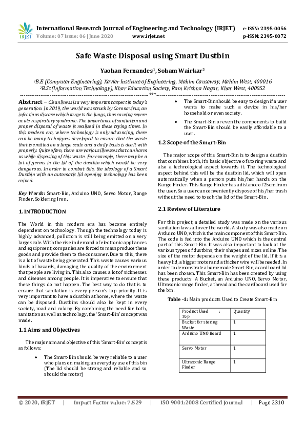 (PDF) IRJET- Safe Waste Disposal using Smart Dustbin