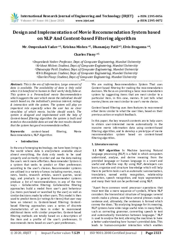 (PDF) IRJET- Design and Implementation of Movie Recommendation System ...