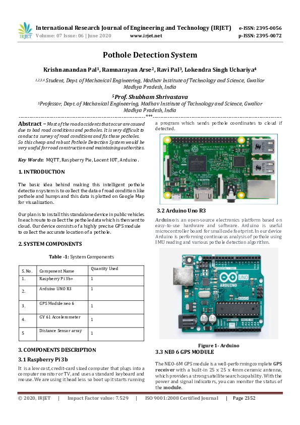 (PDF) IRJET- Pothole Detection System (PDF) IRJET- Pothole Detection System