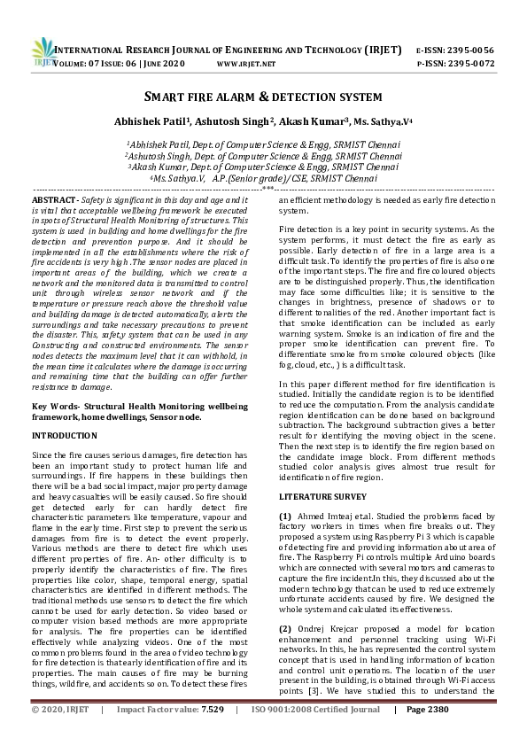 (PDF) IRJET- SMART FIRE ALARM & DETECTION SYSTEM (PDF) IRJET- SMART FIRE ALARM & DETECTION SYSTEM