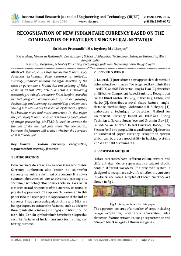 (PDF) IRJET- RECOGNISATION OF NEW INDIAN FAKE CURRENCY BASED ON THE ...