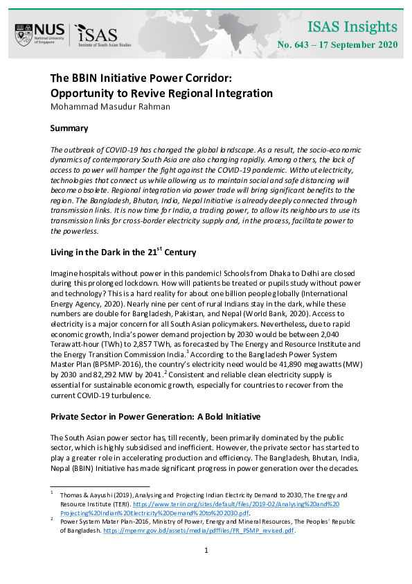(PDF) The BBIN Initiative Power Corridor: Opportunity to Revive ...