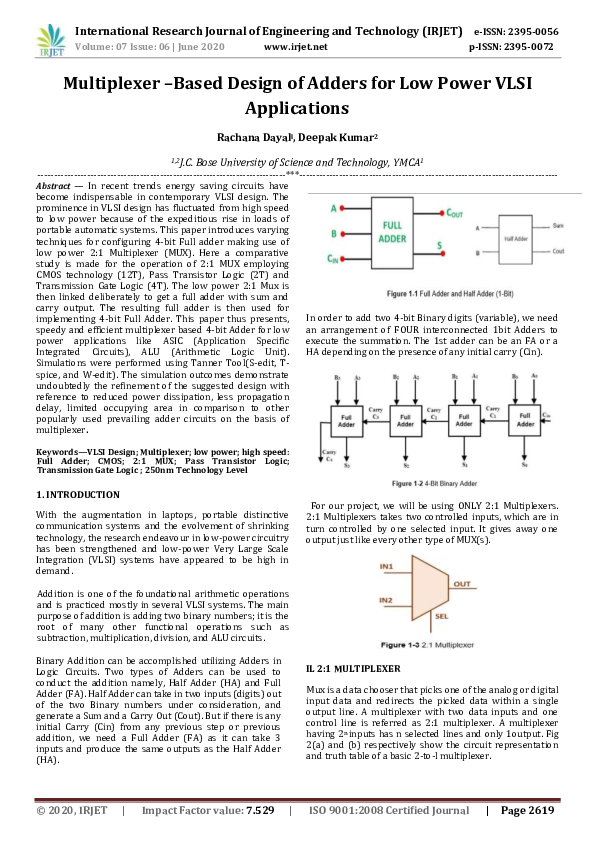 Pdf Multiplexer Based Design Of Adders For Low Power Vlsi Applications