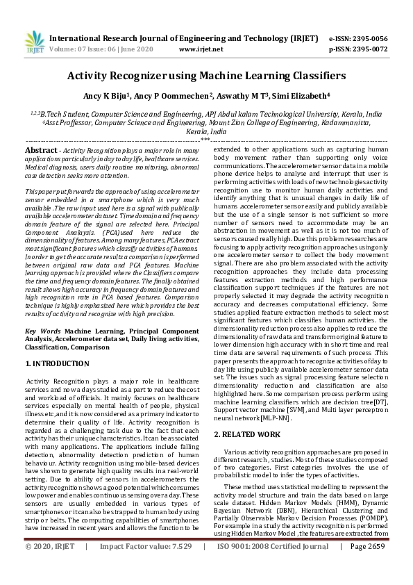 Pdf Activity Recognizer Using Machine Learning Classifiers