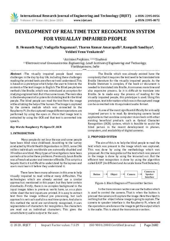 (PDF) DEVELOPMENT OF REAL TIME TEXT RECOGNITION SYSTEM FOR VISUALLAY ...
