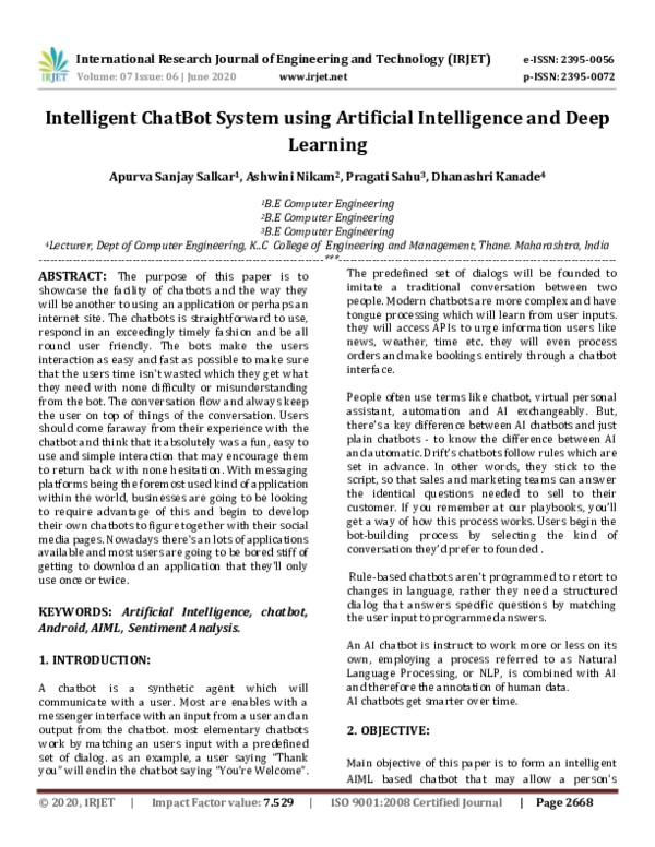 (PDF) Intelligent ChatBot System using Artificial Intelligence and Deep ...
