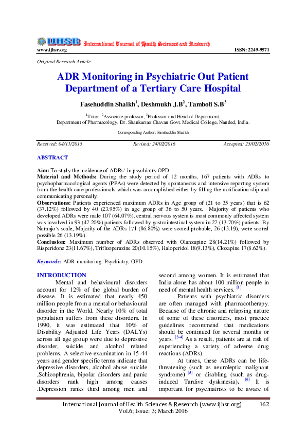 (PDF) ADR Monitoring in Psychiatric Out Patient Department of a ...
