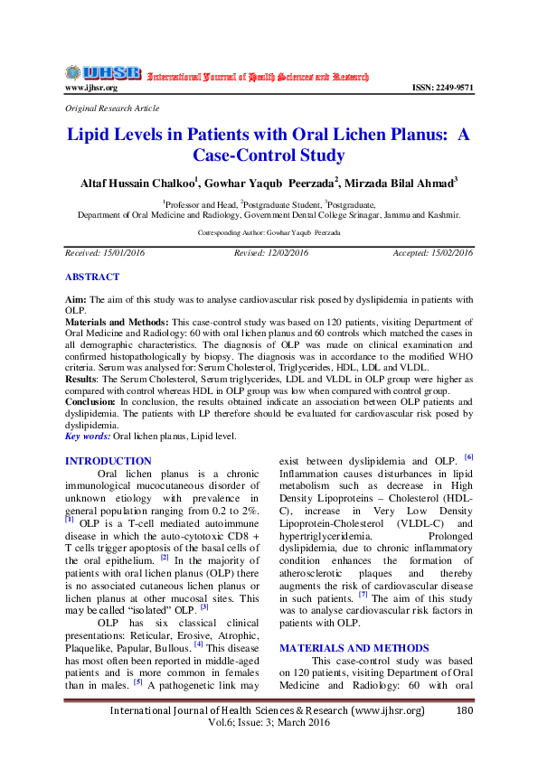 (PDF) Lipid Levels in Patients with Oral Lichen Planus: A Case-Control Study