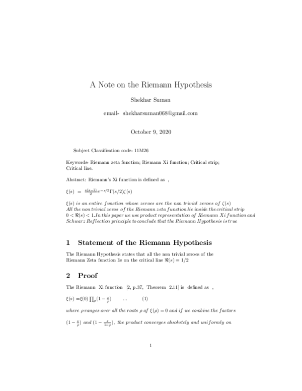 (PDF) A Note on the Riemann Hypothesis