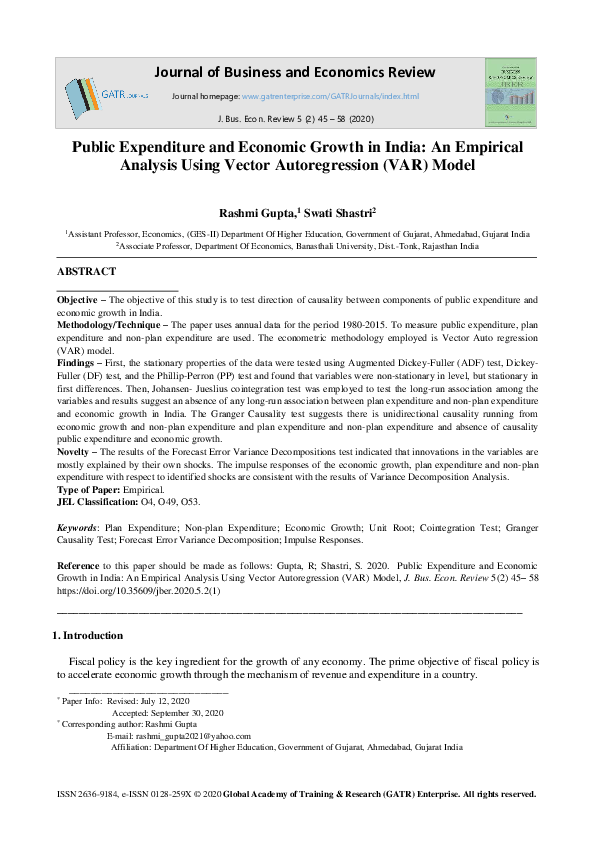 (PDF) Public Expenditure and Economic Growth in India: An Empirical Analysis Using Vector ...