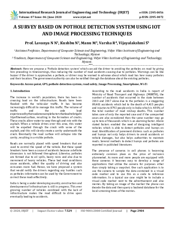 Pdf Irjet A Survey Based On Pothole Detection System Using Iot And